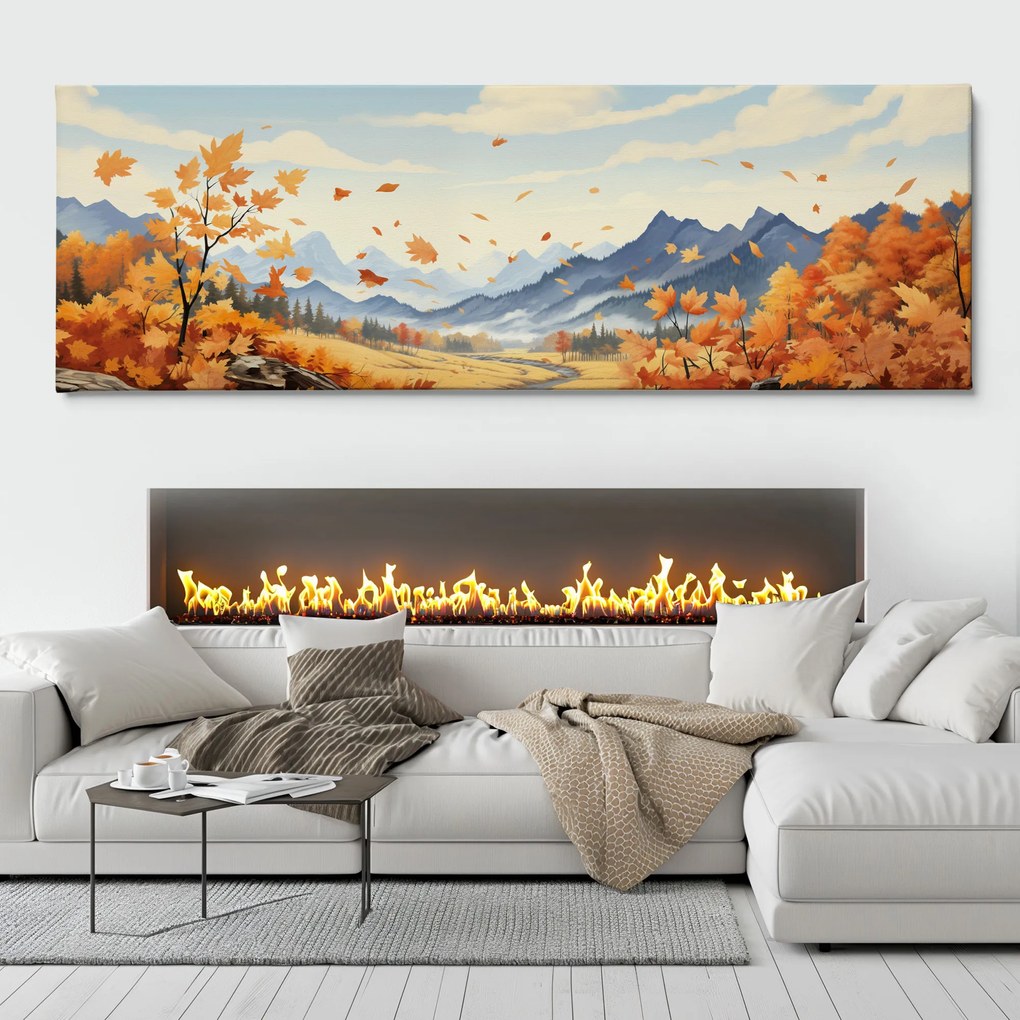 Obraz na plátně - Podzim s padajícím javorovým listím FeelHappy.cz Velikost obrazu (šířka x výška): 240 x 80 cm