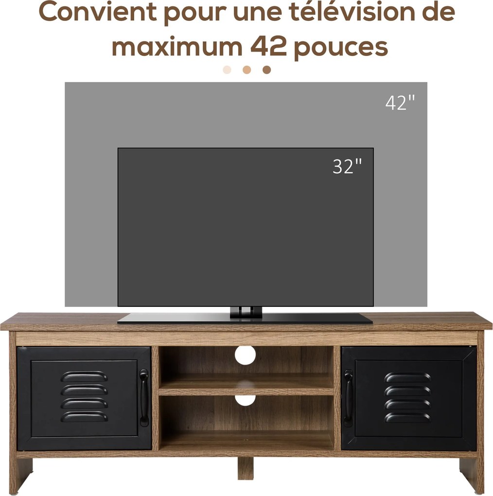 HOMCOM 43" Televizní Stojan v Průmyslovém Designu s 2 Skříňkami, 2 Nikami, 2 Otvory na Kabely, Dřevěným Povrchem a Černými Kovovými Dveřmi | Aosom