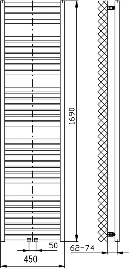 Aqualine TONDI otopné těleso rovné 450 x 1690 mm středové připojení černá mat DT446T