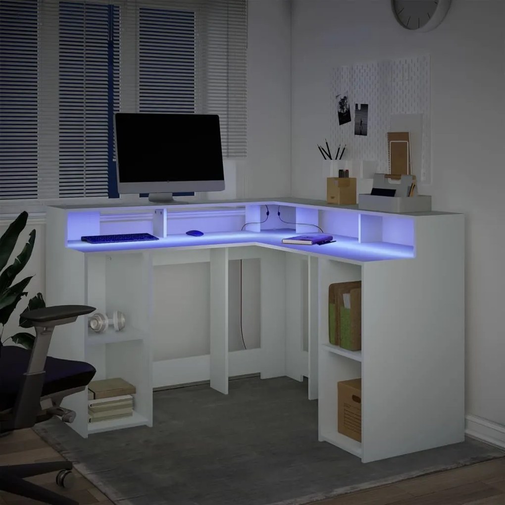 Psací stůl s LED světly bílý 130 x 130 x 91 cm kompozitní dřevo 3309447
