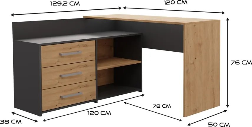 Rohový psací stůl s komodou DANY antracit/dub artisan