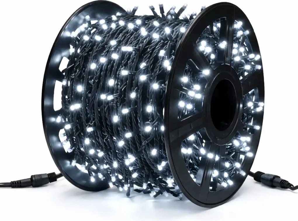 Easy Fix LED světelný řetěz, 100 m, venkovní, ledově bílá s FLASH, 1000 diod, černý kabel, IP67, cívka