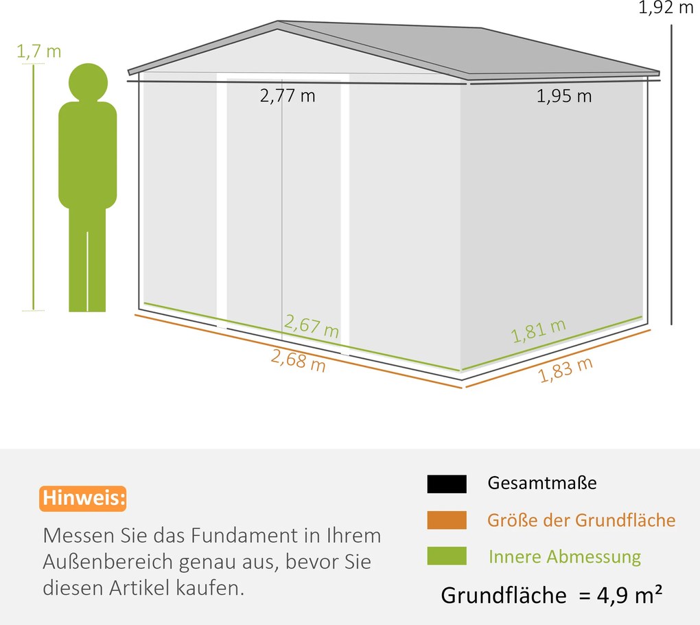 Outsunny Kůlna na Nářadí 4,9 m², Zahradní Kůlna s Pultovou Střechou, Posuvné Dveře, Základna, 277 x 195 x 192 cm, Kůlna z Pozinkované Oceli, Odolná p…
