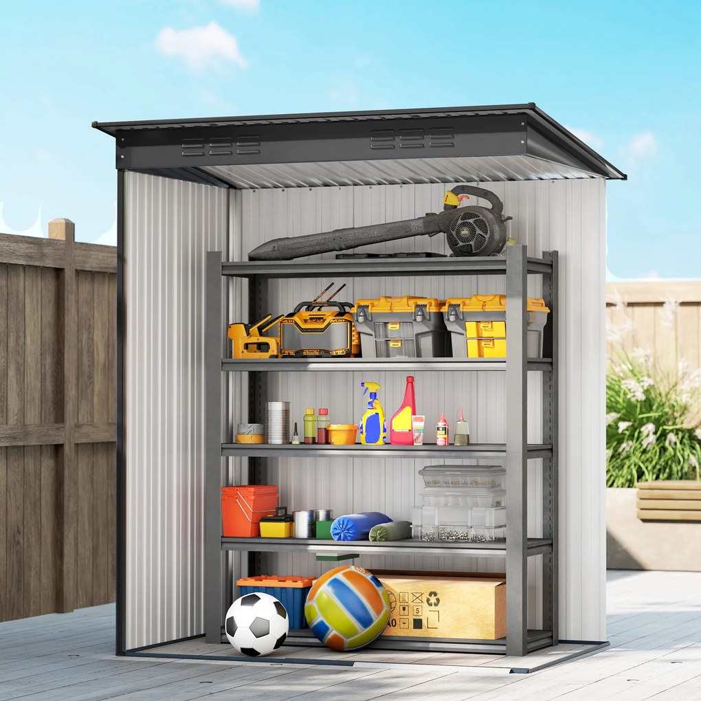 Outsunny kovová zahradní kůlna 1,37 m² — 159 x 106 x 181 cm, posuvné dveře, větrání, šikmá střecha, 2 páry rukavic, snadná montáž — tmavě šedá