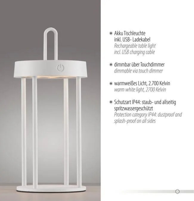 LD 19300-16 ANSELM LED stolní lampa na baterie bílá 28cm dotykový stmívač IP44 zahradní svítidlo 2700K - JUST LIGHT