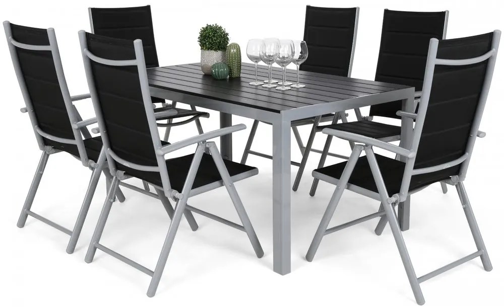 Home Garden Zahradní set Ibiza se 6 židlemi a stolem 150 cm, stříbrný/černý