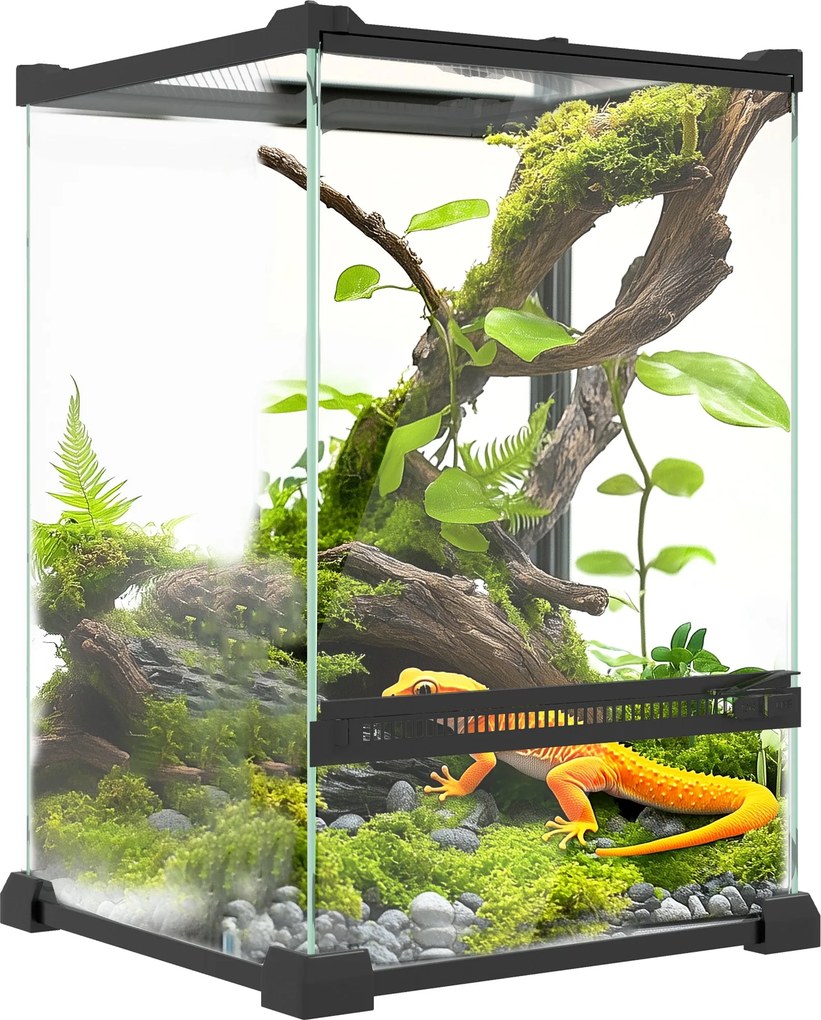 PawHut Skleněný terárium pro plazy Vivarium 12 L Box pro plazy S chladící síťovinou, pro žáby, hady, želvy, 20 x 30 cm, Černé
