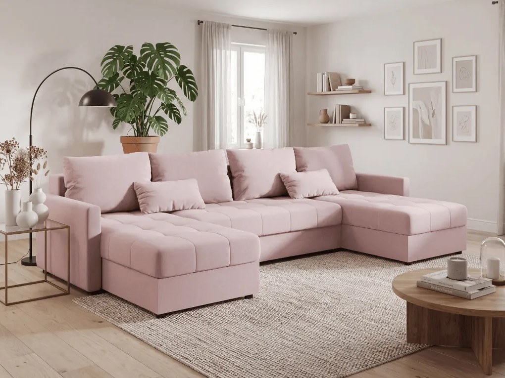 Rozkládací sedací souprava do U VENORIA 285x146 cm, pudrově růžová + 2 polštářky ZDARMA