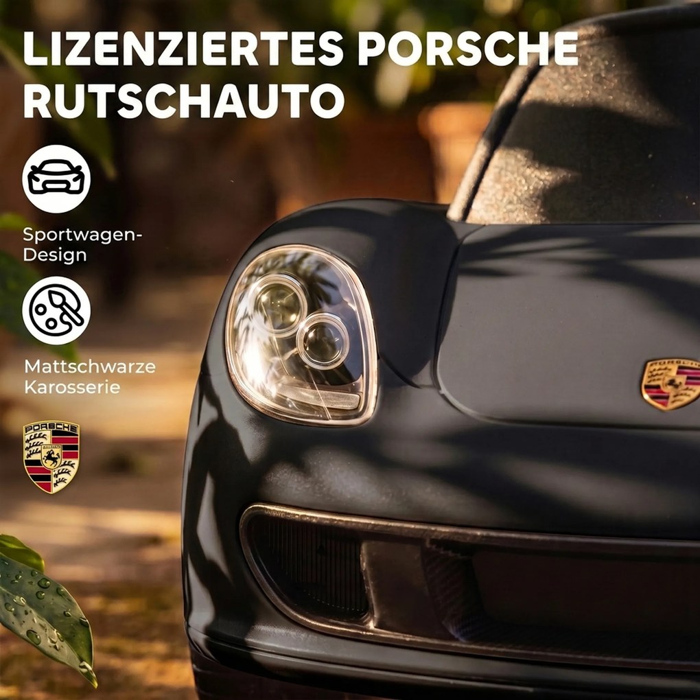 AIYAPLAY Odrážedlo pro děti Porsche odrážedlo s klaksonem, světlem a zvuky motoru, pro 18–36 měsíců, matná černá