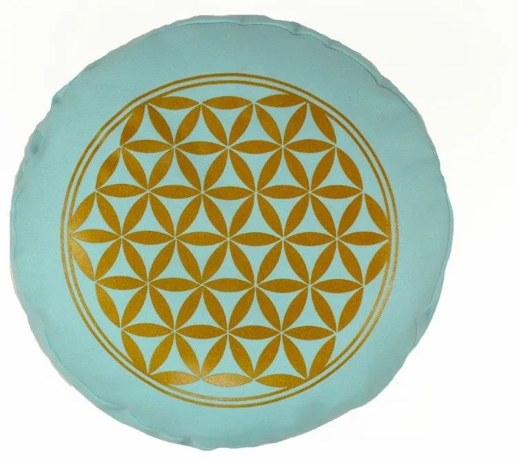 S radostí - vlastní výroba Meditační polštář se zlatým Květem života - světle modrý Velikost: ∅30 x v25 cm