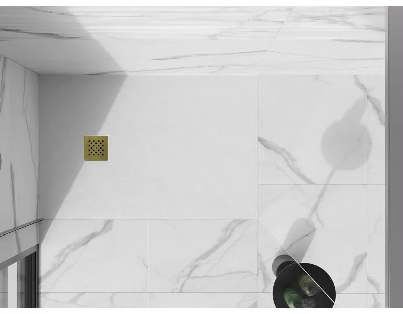 Mexen Stone+, obdélníková vanička z minerálního kompozitu 130 x 90 cm, bílá, zlatá lesklá krytka, 44109013-G