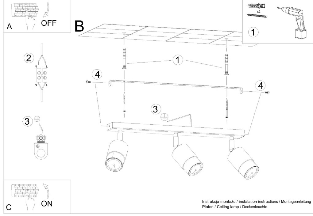 Bodové svítidlo Nero, 3x černé kovové stínítko, (možnost polohování), ch