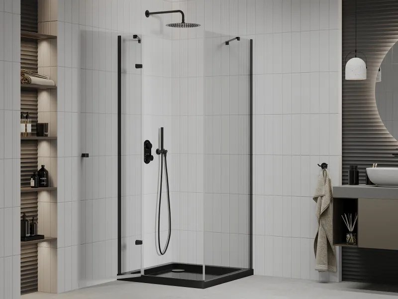 Mexen Roma, sprchový kout s 1-křídlými dveřmi 90 (dveře) x 90 (stěna) cm, 6mm čiré sklo, černý profil, slim sprchová vanička 5cm černá s černým sifonem, 854-090-090-70-00-4070B