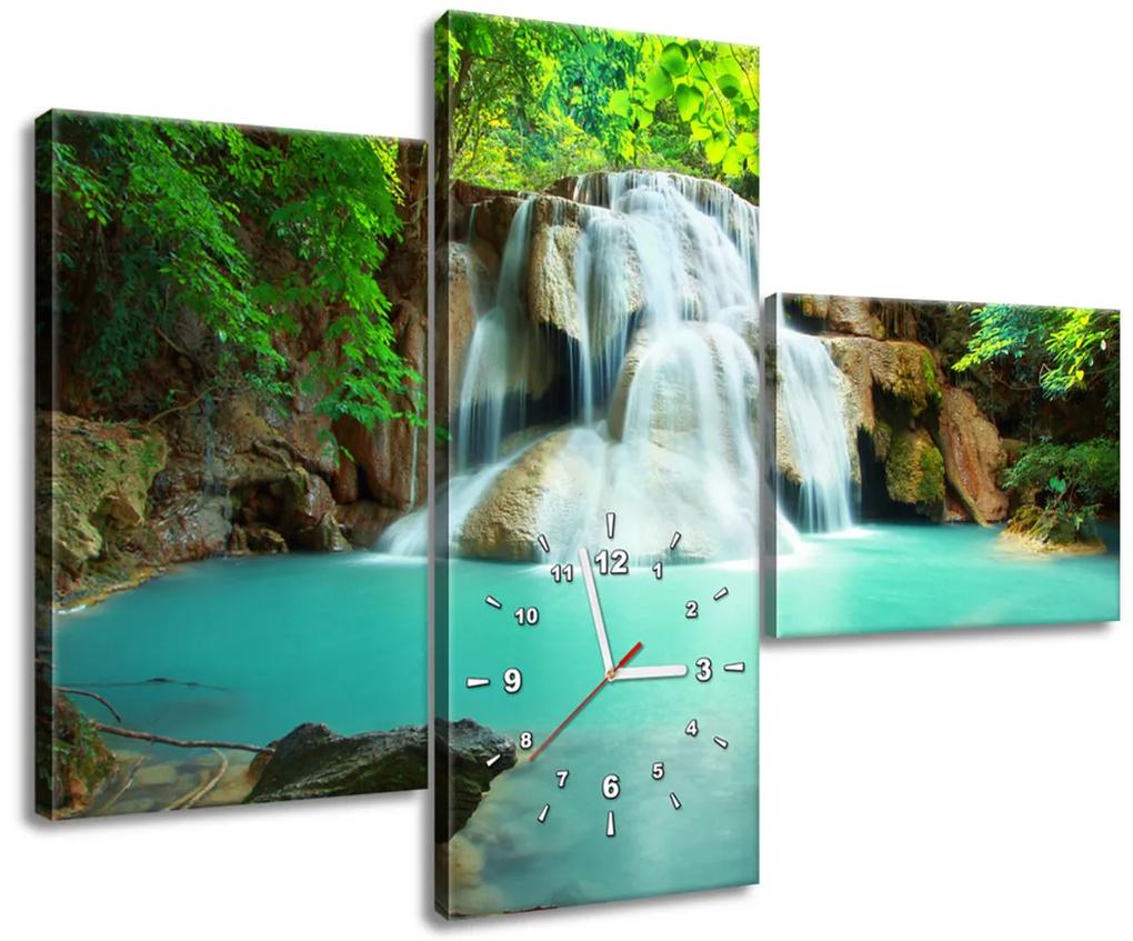 Gario Obraz s hodinami Vodopád v Thajsku - 3 dílný Rozměry: 90 x 30 cm
