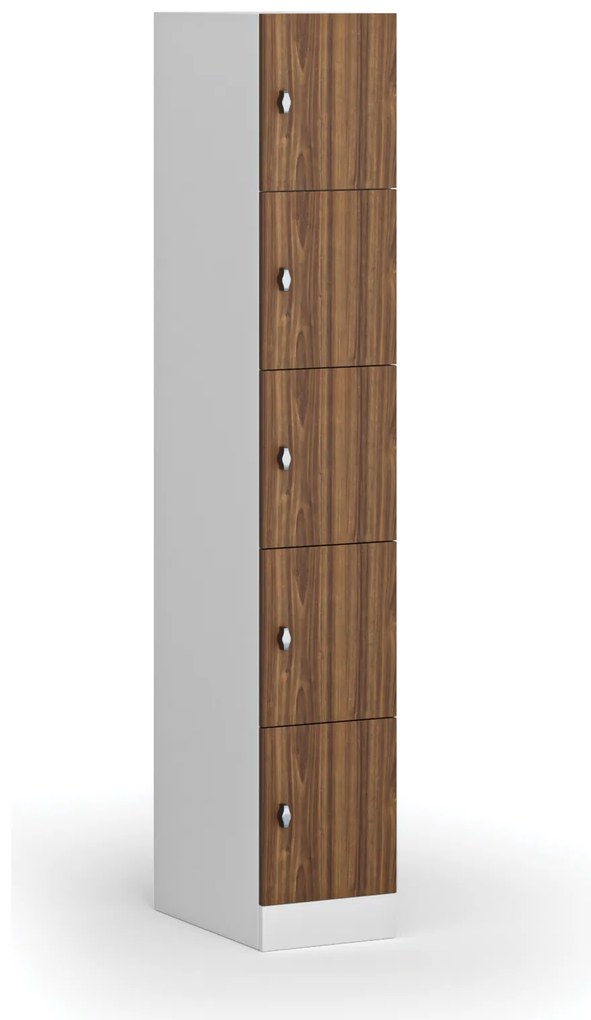 Šatní skříňka S1 s úložnými boxy, 5 boxů, 1850 x 300 x 500 mm, otočný zámek, laminované dveře, ořech