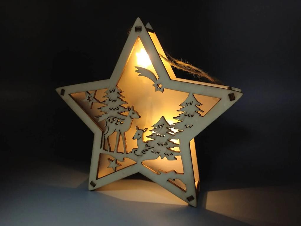 LED světelná dřevěná hvězda, srnci v lese, 15x15cm