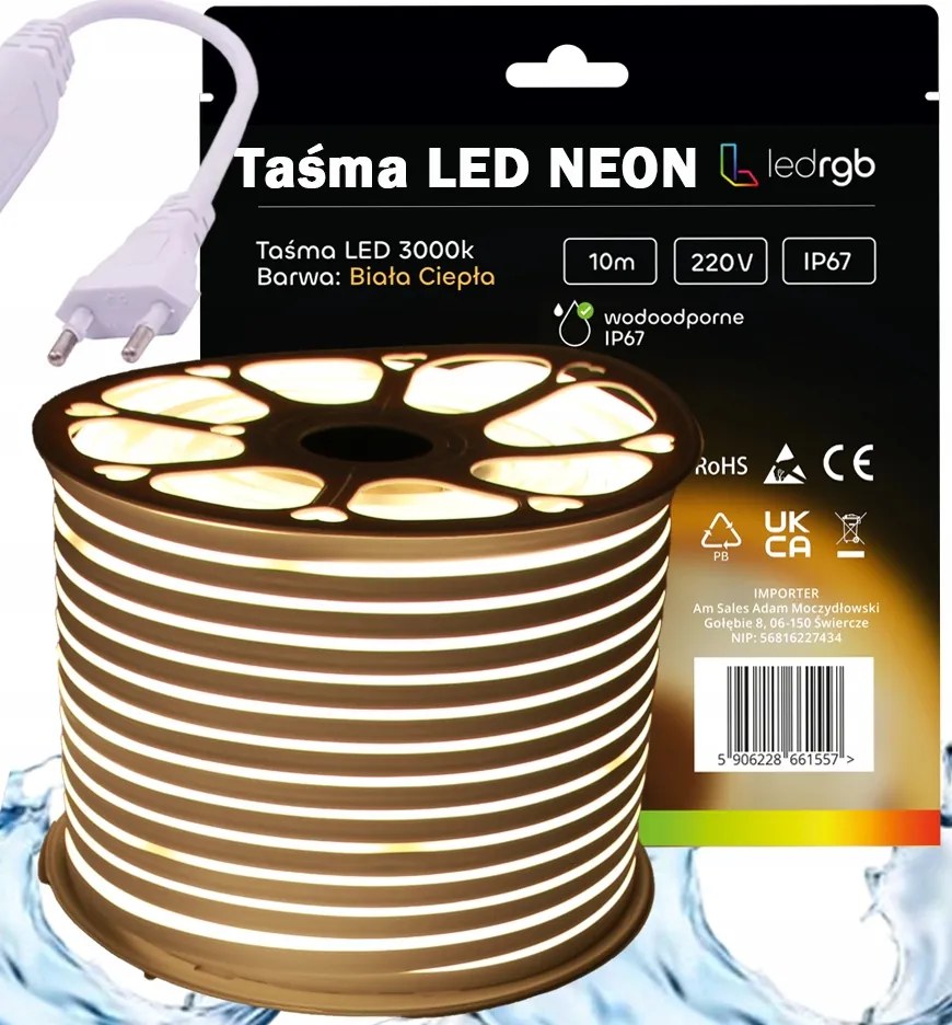 Set Led pásek Neon 220V 230V 10m 3000K Bílý Teplý Napájecí Zdroj IP67 120/m