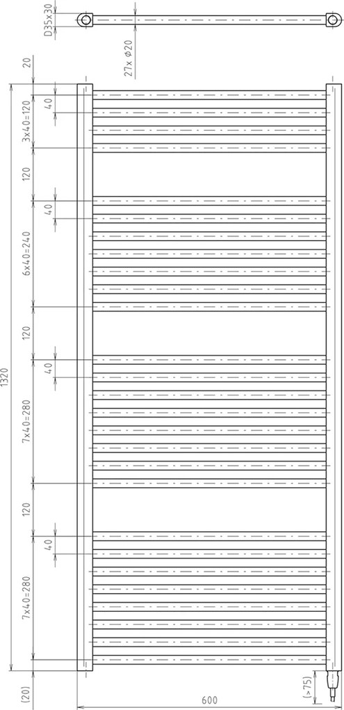 Aqualine DIRECT-E 600 x 1320 mm ILE36T elektrické otopné těleso 600 W bílá