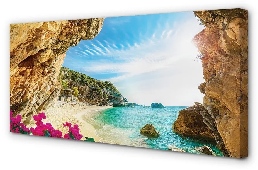 Obrazy na plátně Řecko pobřeží útesy květiny 140x70 cm