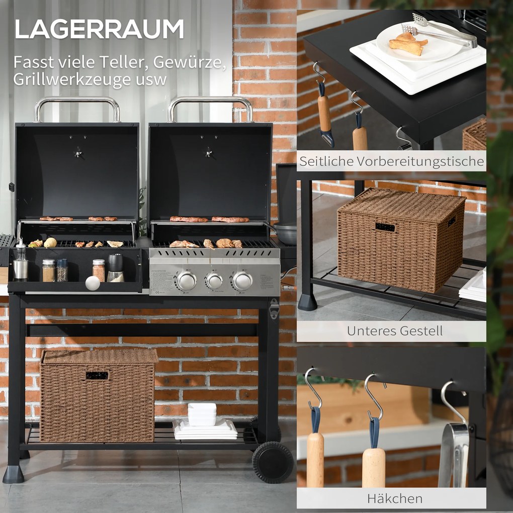 Outsunny plynový grilovací vozík 2+1 hořák s teploměrem 3kW BBQ gril na dřevěné uhlí s odkládací plochou Boční odkládací plocha Háček pro kempování Č…