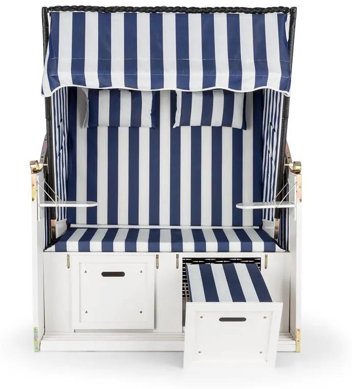 Hiddensee, plážové sezení, plážový koš XL, dvousedadlo, lehátko, borovice, modré/bílé, pruhovaný motiv