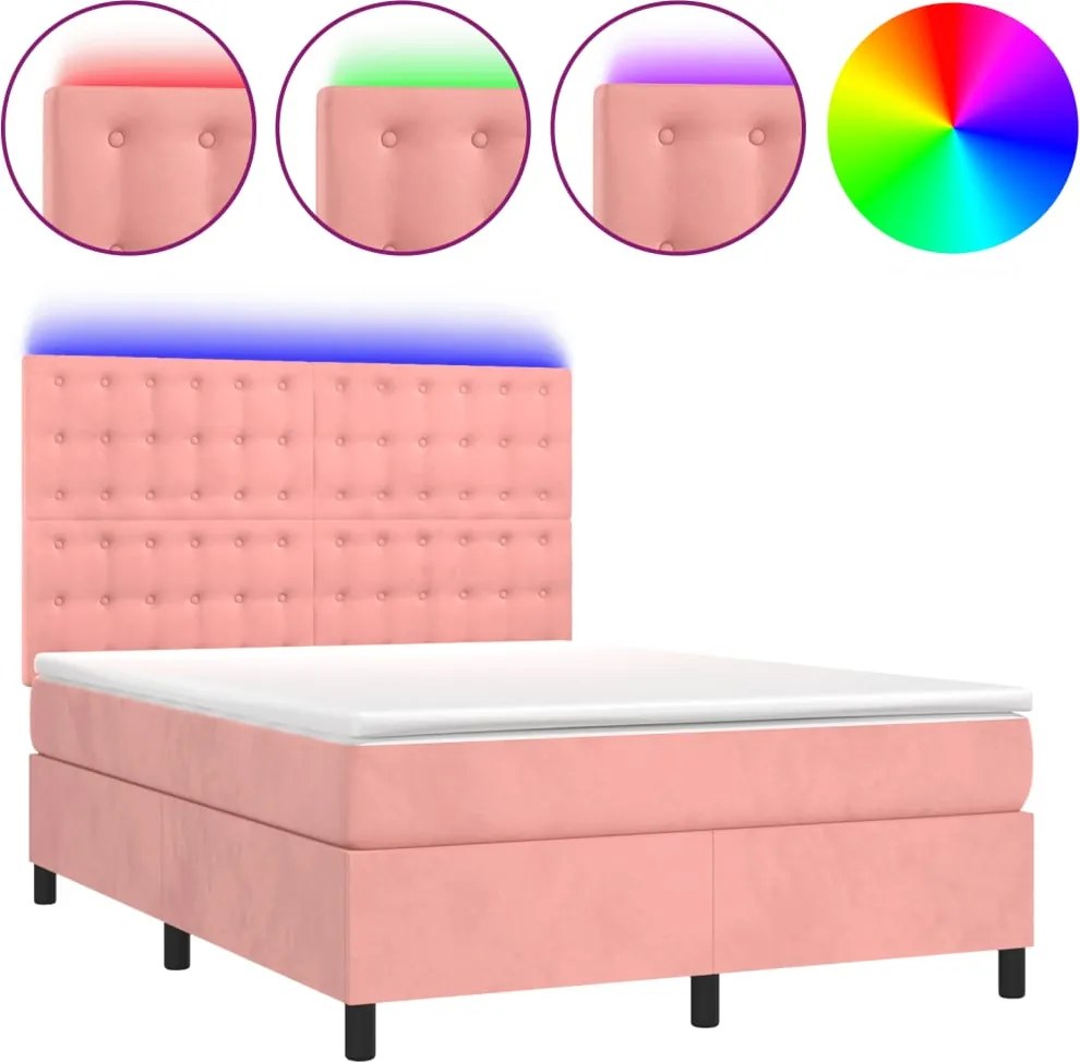 Box spring postel s matrací a LED růžová 140x190 cm samet 3136364