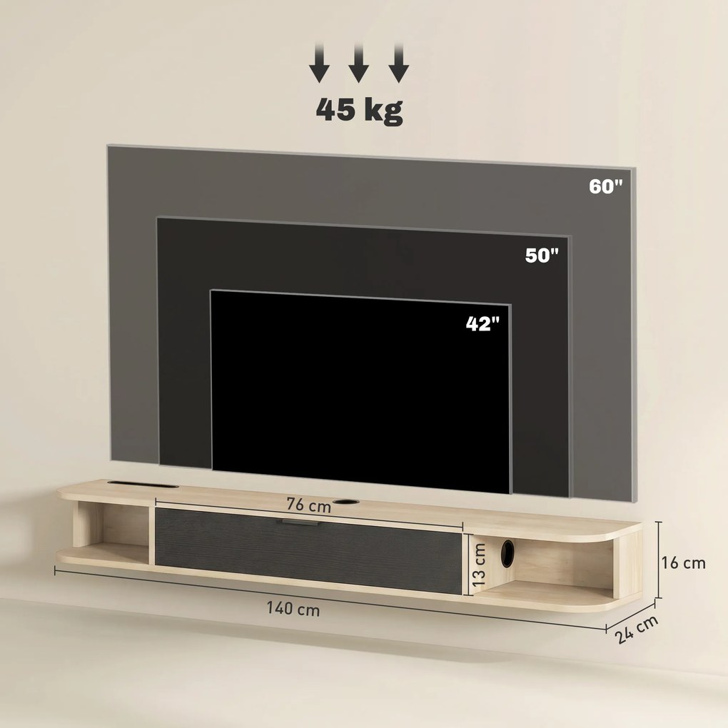 HOMCOM Závěsný TV nábytek, TV nábytek pro televize až do 152,4 cm (60 palců), výklopná zásuvka, 2 police, 140x24x16 cm, přírodní dřevo