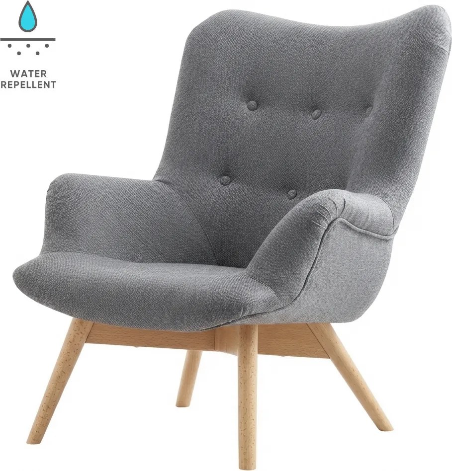 Křeslo ušák TOM | 81 cm | IMPREGNOVANÁ TKANINA | šedá + bukové nožičky