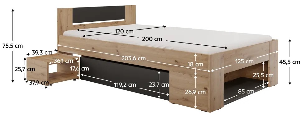 Kondela Postel s úložným prostorem, 120x200, dub artisan/antracit, UNIS