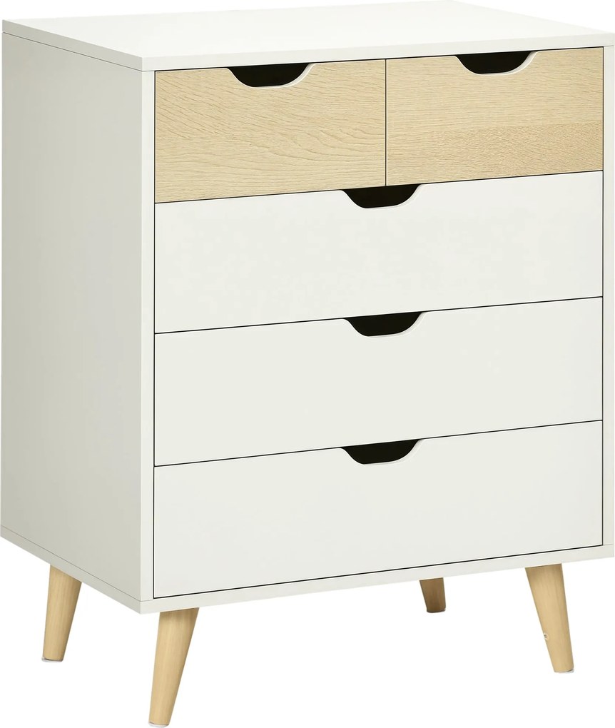 HOMCOM Komoda s 5 zásuvkami a zvýšenými nohami pro ložnici, obývací pokoj i kancelář, moderní styl, proti převrhnutí, 60x40x77,5 cm, přírodní a bílá |