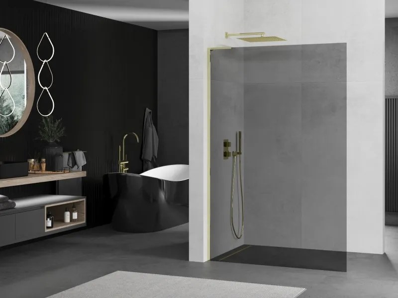 Mexen Kioto L, sprchová zástěna Walk-In 110 x 200 cm, 8mm šedé sklo, zlato - 800-110-103-50-40