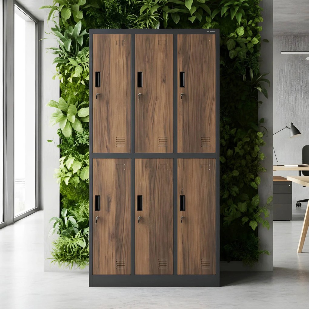 Plechová šatní skříň s 6 boxy IGOR, 900 x 1850 x 450 mm, Eco Design: antracitová/ ořech