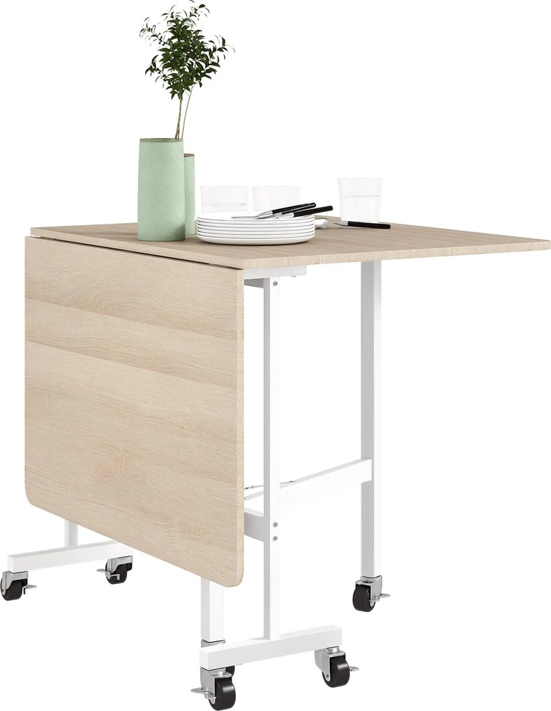 Skládací jídelní stůl HOMCOM pro 4-6 osob – Skládací kuchyňský stůl s kolečky a sklápěcími listy, 120x80x73 cm, dub | Aosom