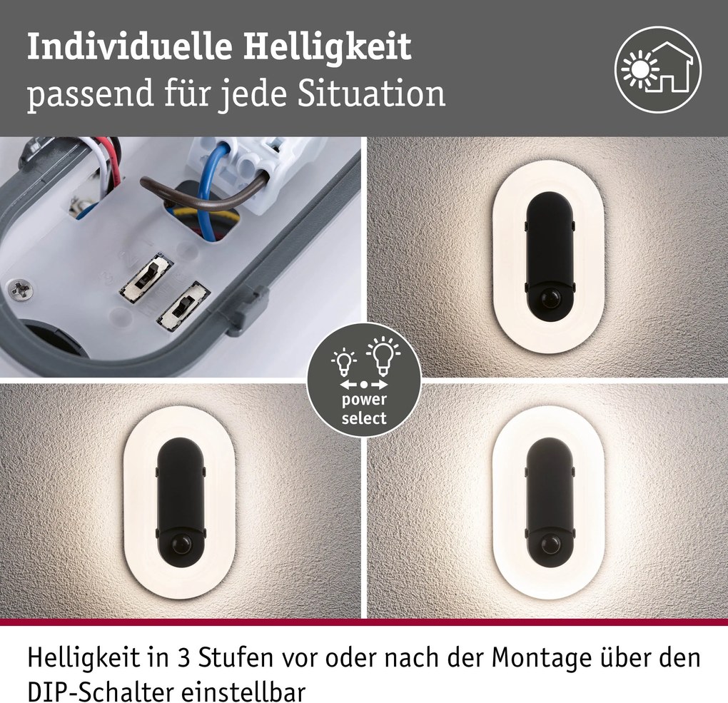 P 94958 LED venkovní nástěnné svítidlo Elunor pohybové čidlo IP65 podlouhlé 122x212mm 2200 - 4000K 18,5W 230V antracit/bílá polykarbonát - PAULMANN