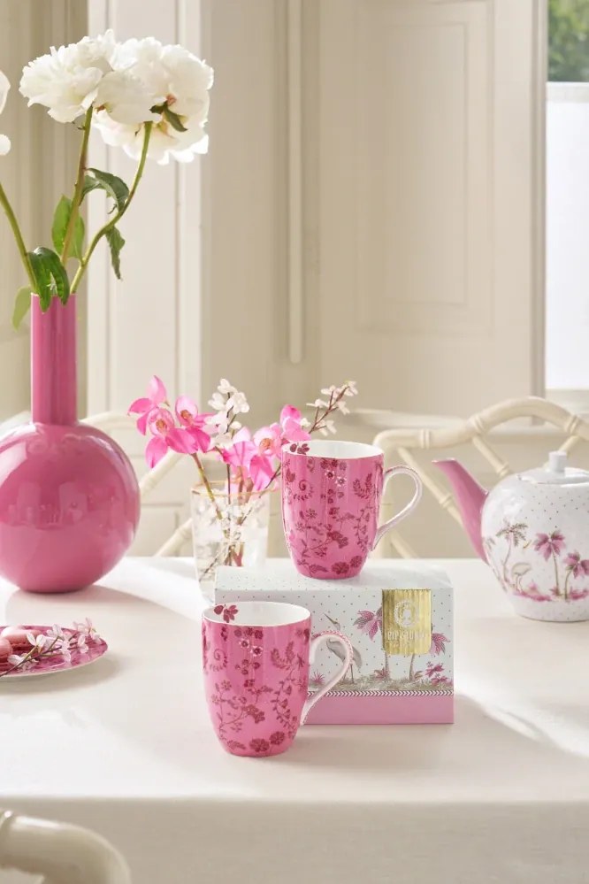 Pip Studio Jolie Flowers sada 2 ks hrnků 350ml, růžová (sada 2 hrnků 350ml z tenkostěnného porcelánu v dárkovém balení)