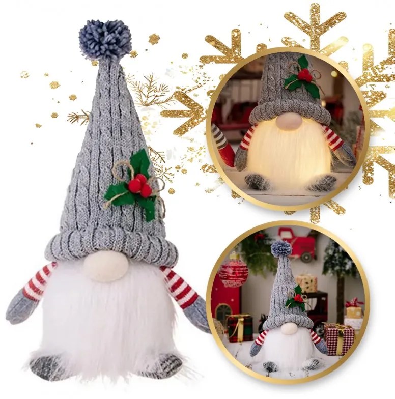 Svítící vánoční trpaslík na baterie FROSTIE 28 cm, šedý