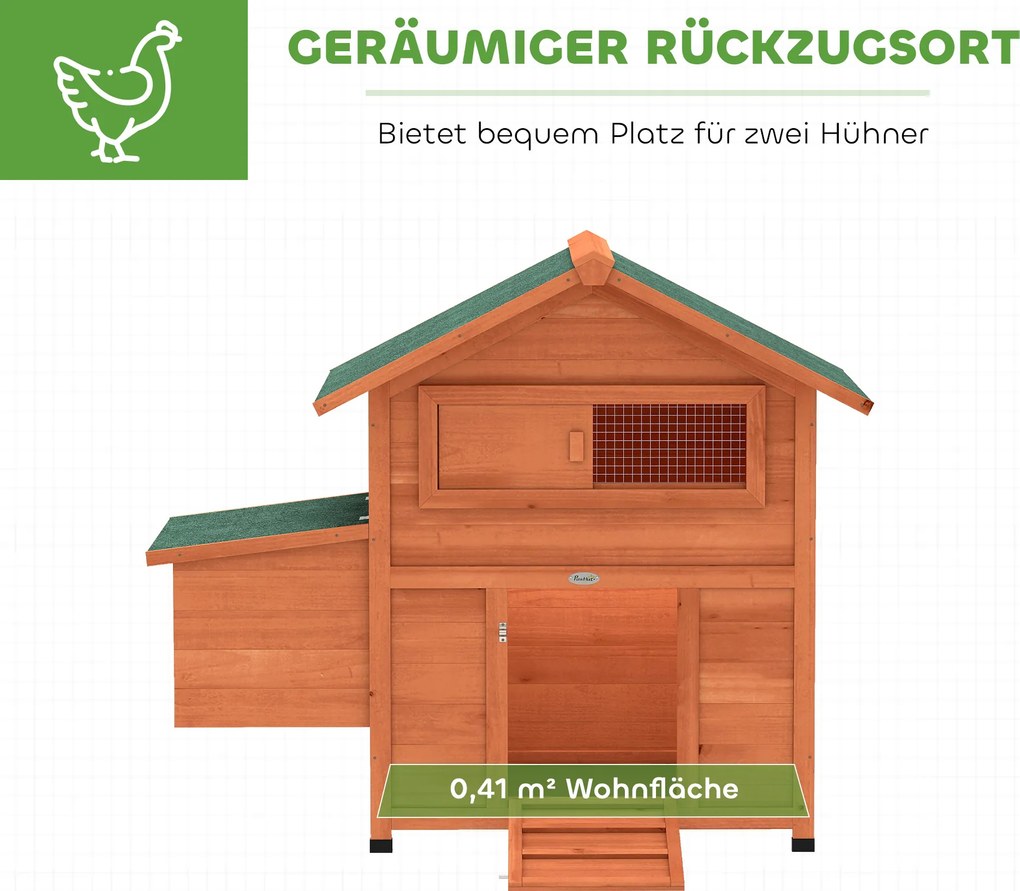 PawHut Kurník Dřevěný kurník s hnízdním boxem 2 bidýlka Rampa Okno Vodotěsná střecha 113,5x67,5x95,5 cm Oranžová barva