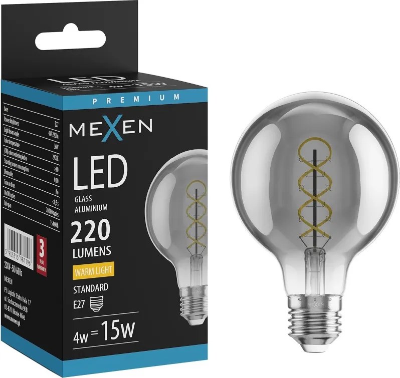 Mexen Vintis, LED filamentová žárovka E27, G80, 4 W, teplá bílá 2700K, kouřová, L165-E27-0427-70
