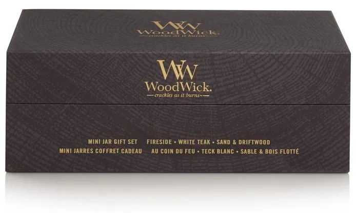 Dárková sada: Woody set 3x malá vonná svíčka s dřeveným knotem WoodWick 3x 85 g