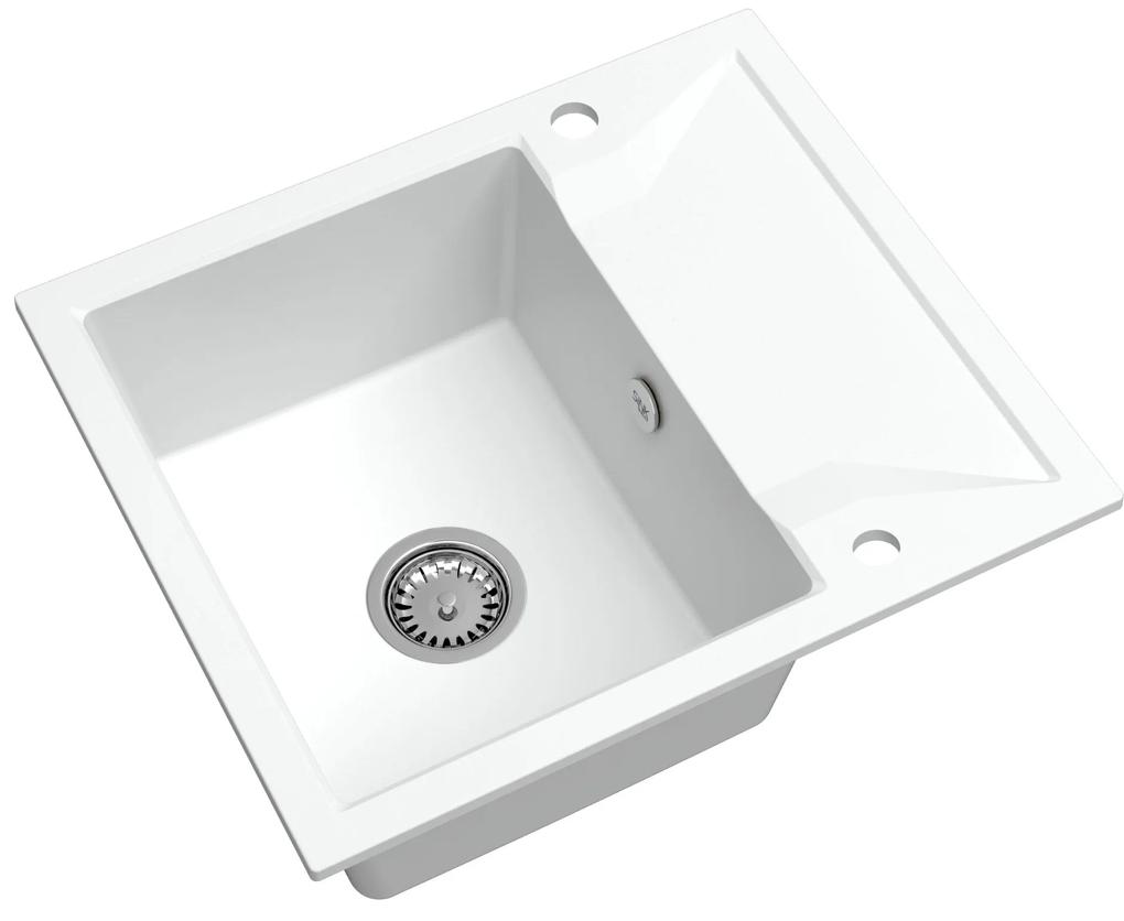 Sink Quality Obsidian, kuchyňský granitový dřez 590x500x210 mm + chromový sifon, bílá, SKQ-OBS.W.1KKO.X
