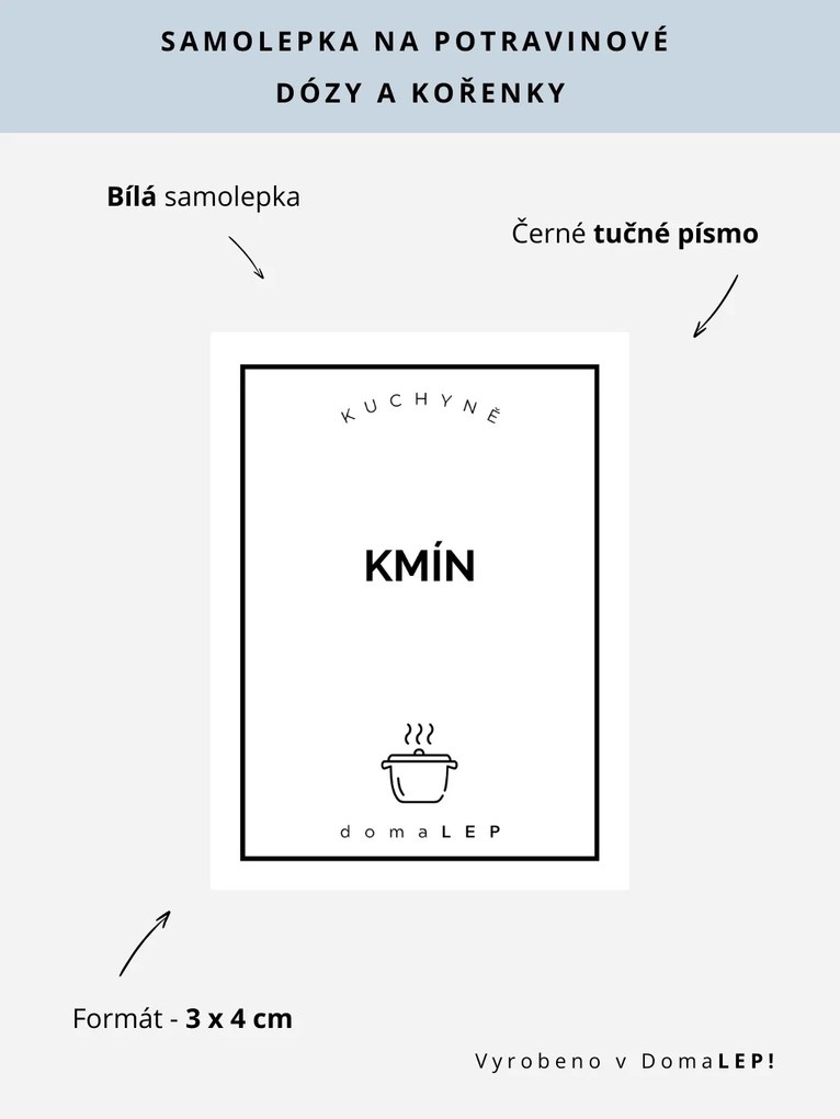 Samolepka na kořenky KMÍN bílá 3 × 4 cm tučné písmo