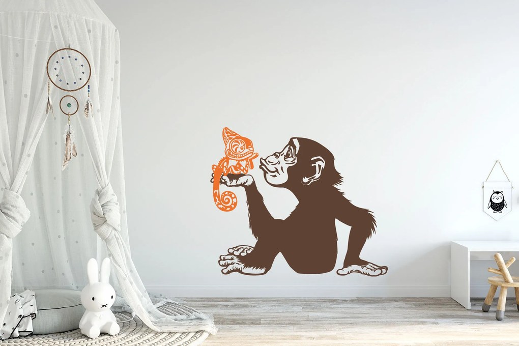 Lepy.cz Samolepka na zeď Safari - Opice s ještěrkou Velikost (šířka x výška): l00x85cm, Kombinace barev sety: Světle oranžová + ledová modrá