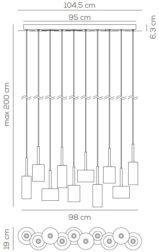 Axolight Spillray 10, závěsné svítidlo z červeného skla, LED 10x1,5W G4 délka 104,5cm