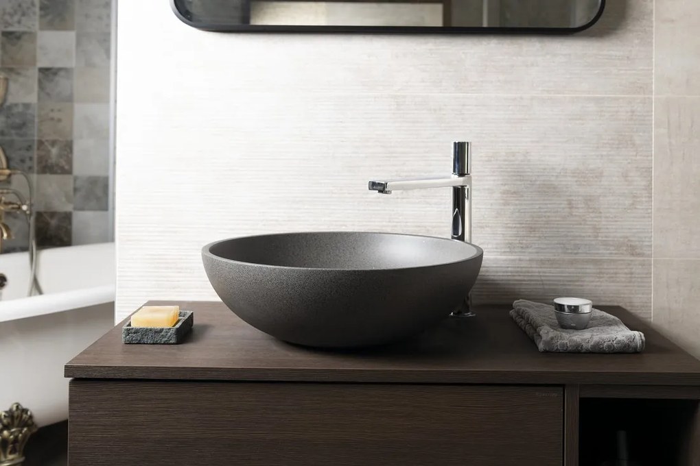 Sapho, TURF betonové umyvadlo včetně výpusti, průměr 44 cm, černý granit, AR436