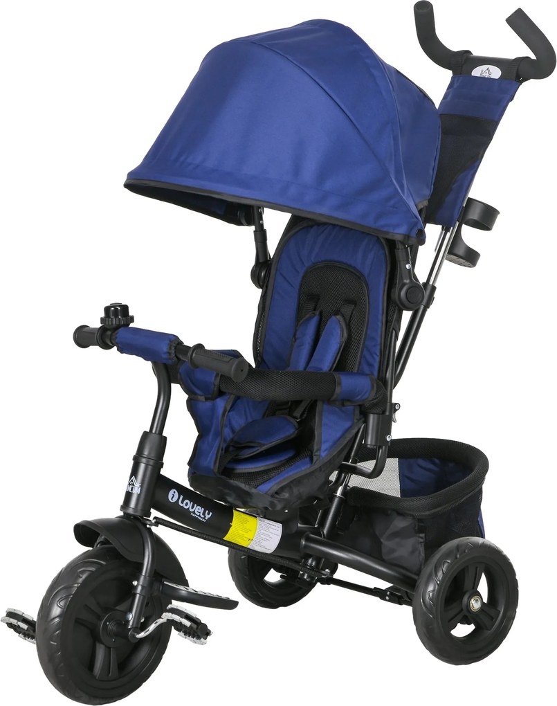 HOMCOM 6-in-1 Tříkolka s Rukojetí pro Rodiče, Dětská Tříkolka s Odnímatelnou Slunečníky, Polstrováním, Balance Bike s 5-Bodovým Bezpečnostním Páskem,
