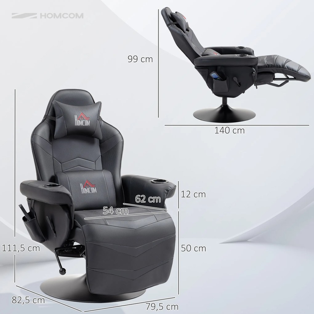 HOMCOM Herní židle s masáží, otočná o 360°, 6 masážních bodů, podnožka, odnímatelná opěrka hlavy, imitace kůže, 79.5 x 82.5 x 111.5cm, černá| Aosom