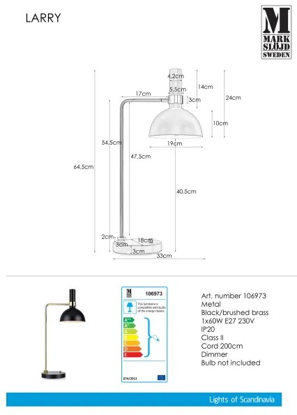 Markslöjd 106973 - Stmívatelná stolní lampa LARRY 1xE27/60W/230V černá/zlatá
