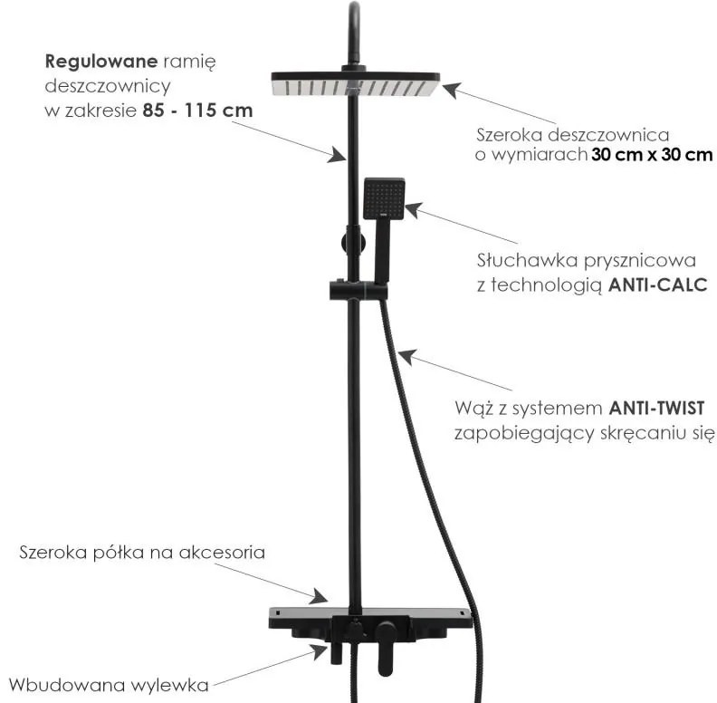 Erga Oslo, sprchová souprava s pákovou baterií, policí a dešťovou hlavicí 30x30 cm, černá matná, ERG-YKA-BP.OSLO-30-BLK