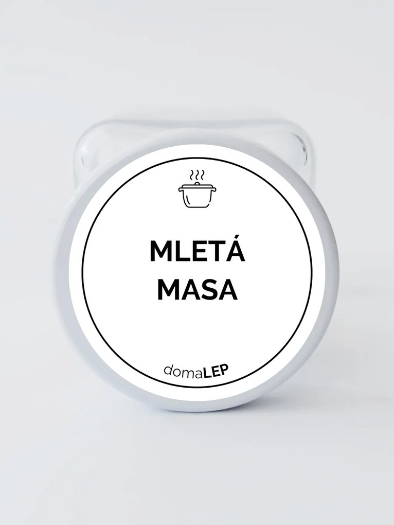 Samolepka na kořenky MLETÁ MASA bílá 5 cm tučné písmo