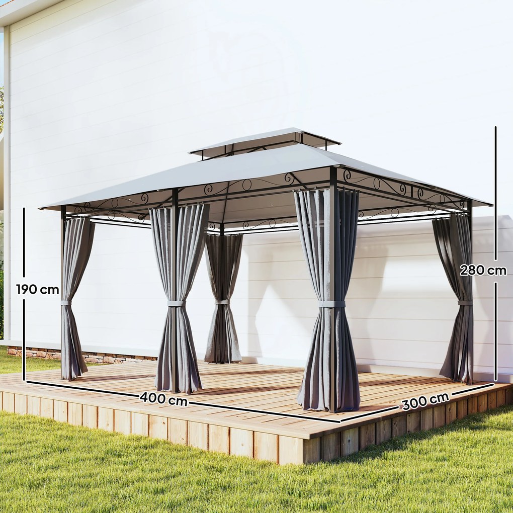 Outsunny zahradní altán 4 x 3 m — voděodolný pevný kovový pavilon s dvojitou střechou a 6 bočními panely, tmavě šedý